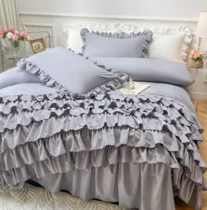 moowoo waterfall ruffle duvet cover queen 3 piece shabby chic bedding solid color soft and breathable with zipper closure & corner ties (gray, queen)