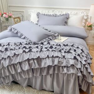 MOOWOO Waterfall Ruffle Duvet Cover Queen 3 Piece Shabby Chic Bedding Solid Color Soft and Breathable with Zipper Closure & Corner Ties (Gray, Queen)