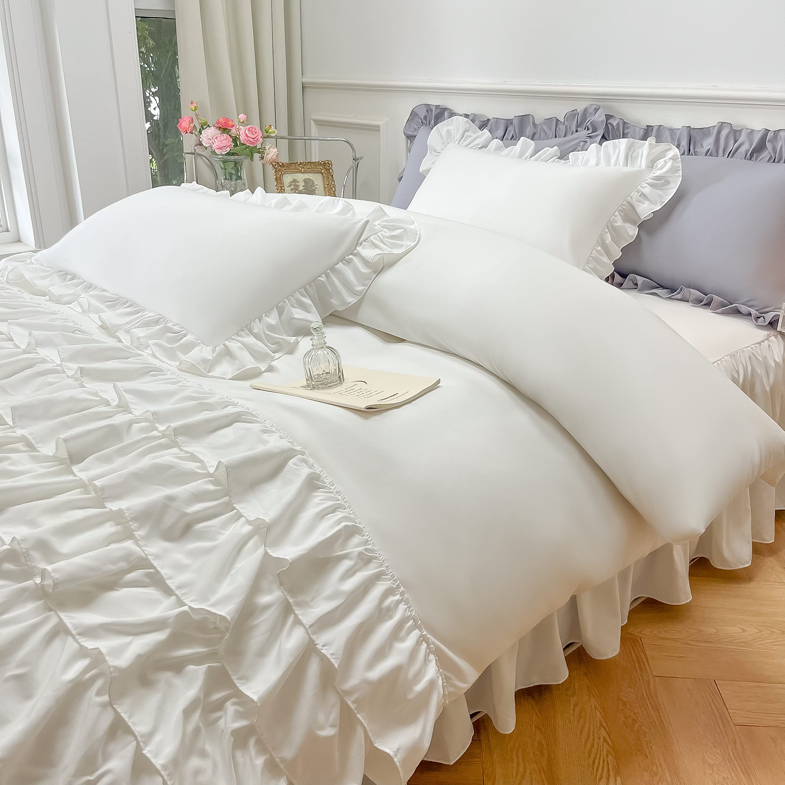 MOOWOO Waterfall Ruffle Duvet Cover Queen,3 Piece White Shabby Chic Bedding Solid Color Soft and Breathable with Zipper Closure & Corner Ties