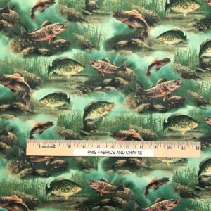 Fat Quarter 1/4 Yard - Bass Trout Fish Fishing Fisherman Sewing Fabric 100% Cotton (18" x 22")