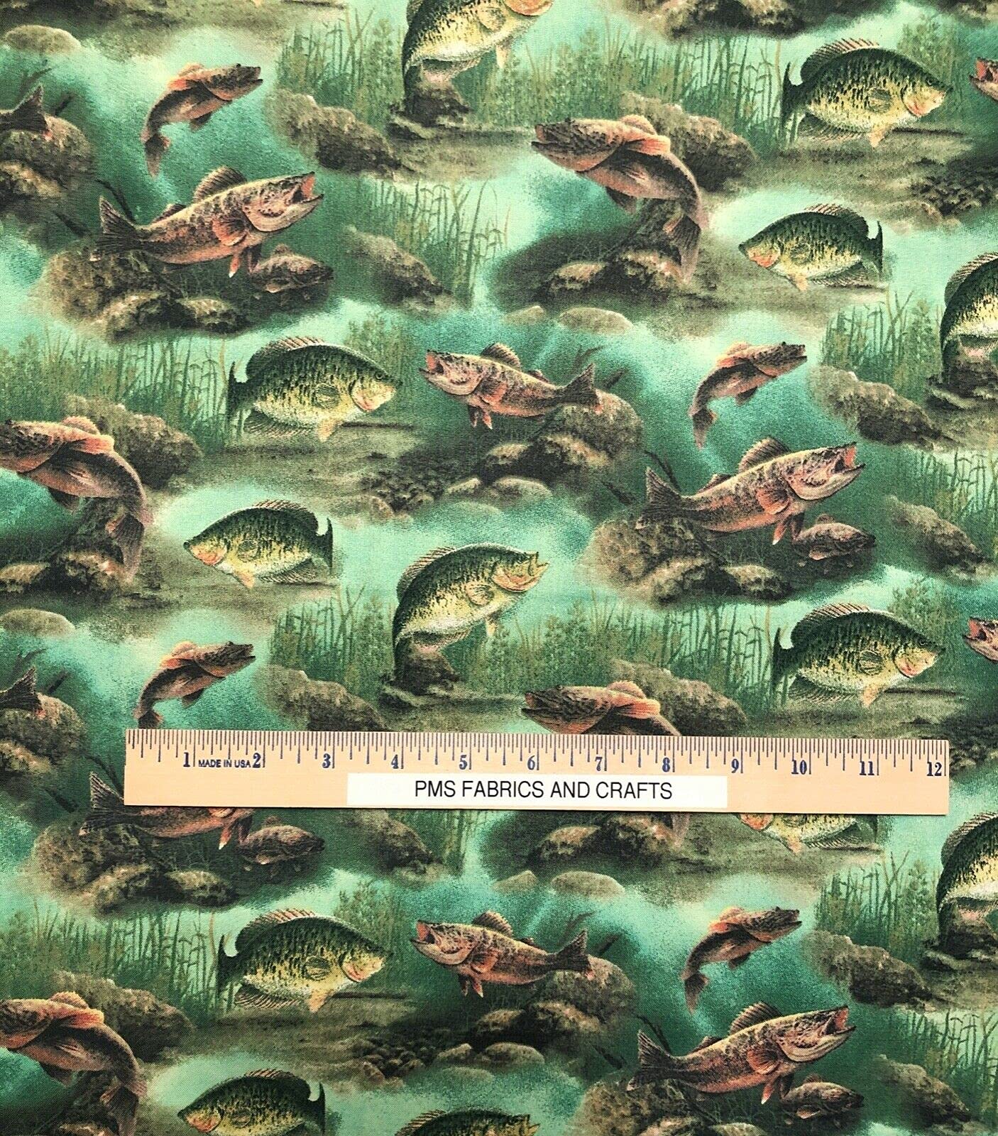 Fat Quarter 1/4 Yard - Bass Trout Fish Fishing Fisherman Sewing Fabric 100% Cotton (18" x 22")