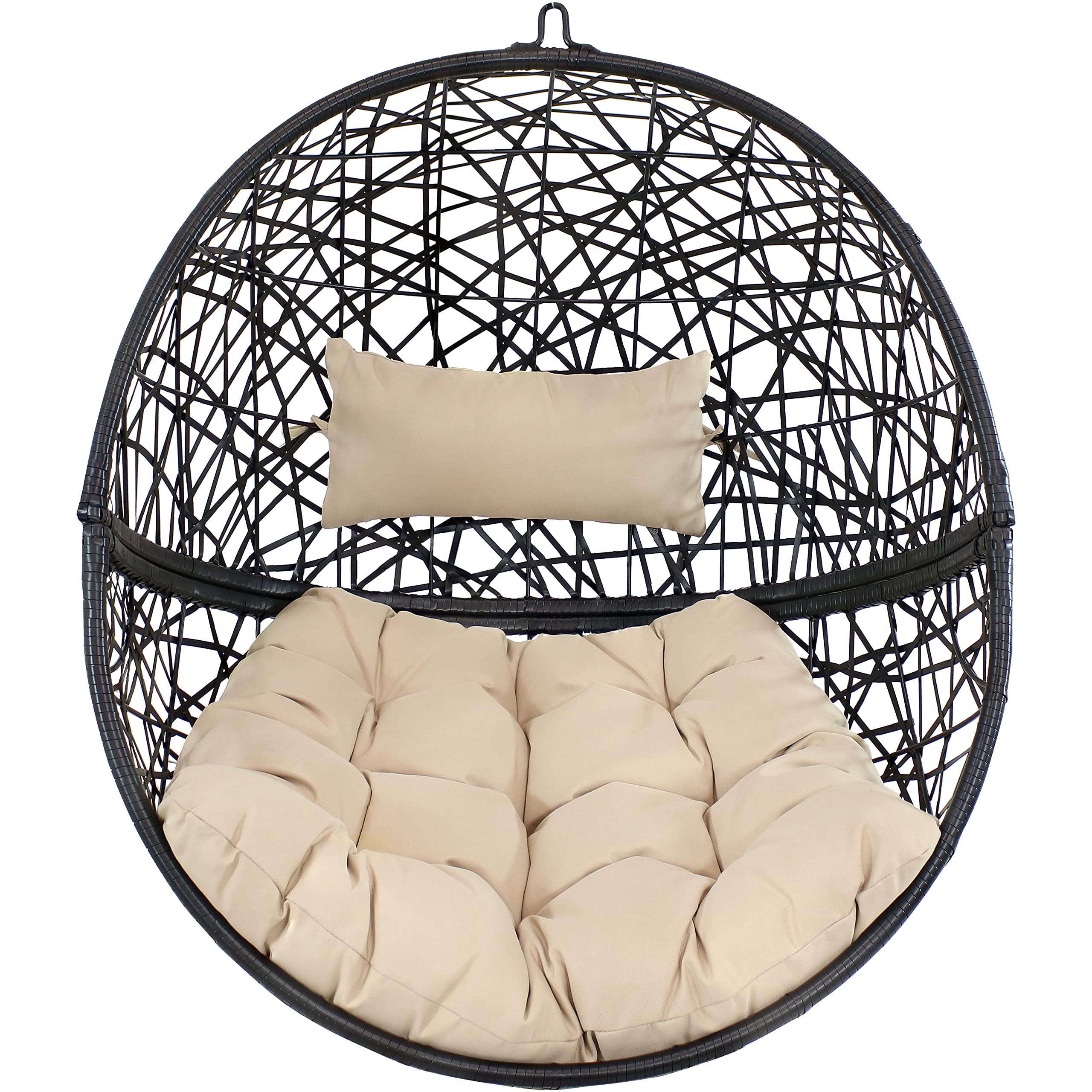 Sunnydaze Jackson Resin Wicker Hanging Egg Chair with Steel Stand - 265-Pound Weight Capacity - Includes Beige Cushions