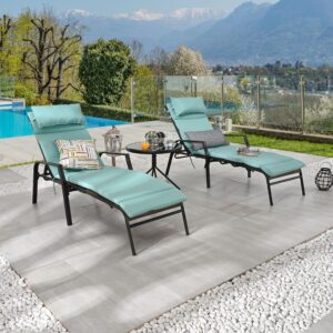 LOKATSE HOME 3 Pieces Outdoor Patio Chaise Lounge Set 2 Adjustable Chairs and 1 Bistro Table with Removable Cushions, Light Blue