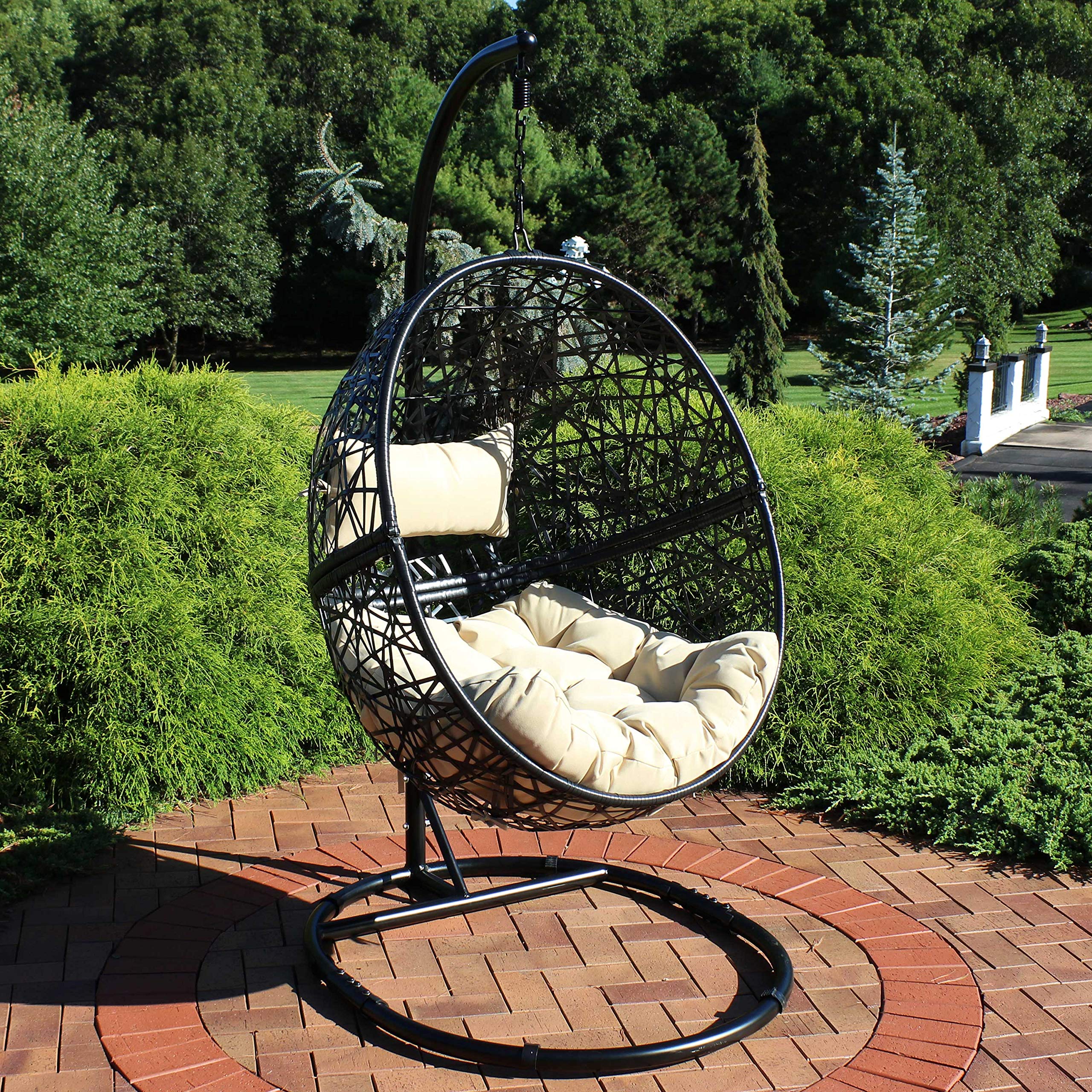 Sunnydaze Jackson Resin Wicker Hanging Egg Chair with Steel Stand - 265-Pound Weight Capacity - Includes Beige Cushions