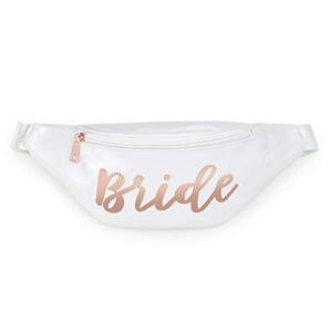 xo, fetti bachelorette party bride fanny pack - single bag | white + rose gold bridal shower decorations, bride to be gift, bach favor