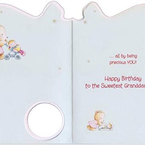 Designer Greetings Bear and Doll: Stroller, Necklace and Bedtime Die Cut Juvenile 1st / First Birthday Card for Granddaughter