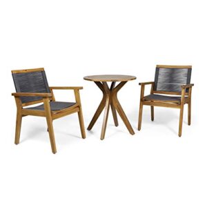 tracy outdoor acacia wood bistro set, teak and dark gray