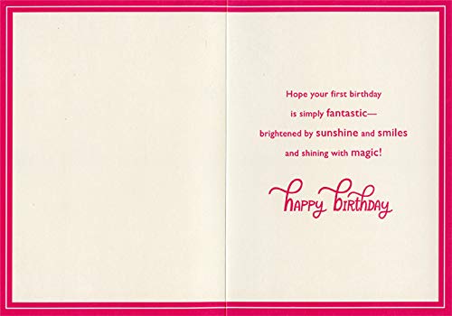 Designer Greetings Pink Unicorn, Rainbows and Blue Clouds Juvenile 1st / First Birthday Card for Great-Granddaughter