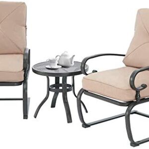 Crownland 3 Piece Patio Furniture Outdoor Bistro Set Metal Action Lounge Cushioned Chairs and Bistro Round Table Set, Wrought Iron Cafe Furniture Set,Brown