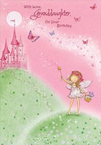 designer greetings pink castle and fairy child with star wand birthday card for granddaughter