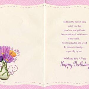 Designer Greetings Purple and Yellow Flowers in Glass Vase and Purple Foil Swirls Birthday Card for Nana