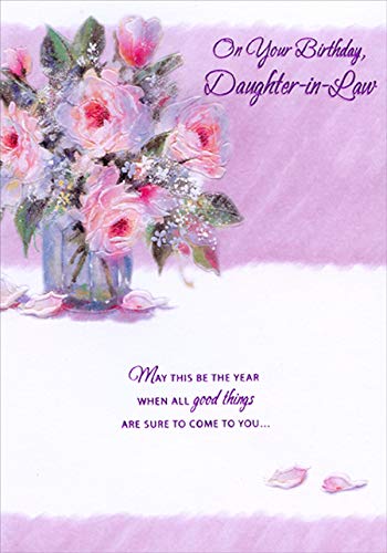 Designer Greetings Pink Flowers in Glass Vase: All Good Things Birthday Card for Daughter-in-Law