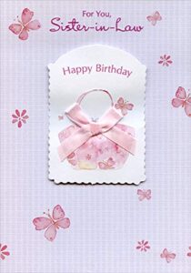 designer greetings die cut scalloped edge banner with pink bow on pink purse birthday card for sister-in-law