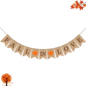 SWYOUN Burlap Fall in Love Banner with Maple Leaf Sign Fall Autumn Wedding Garland Supplies Engagement Bridal Shower Decoration