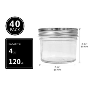 Betrome 4 oz Clear Glass Jars with Silver Metal Lids, 40 Pack 100ml Mason Jars Round Canning Jars Jelly Jars Small Spice Jars for Herb,Jelly,Jams, for Kitchen Storage, 1 Pen & Labels Included