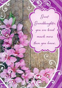 designer greetings pink flowers against wooden fence birthday card for great-granddaughter