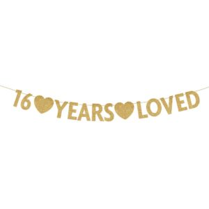 gold 16 year loved banner, gold glitter happy 16th birthday party decorations, supplies