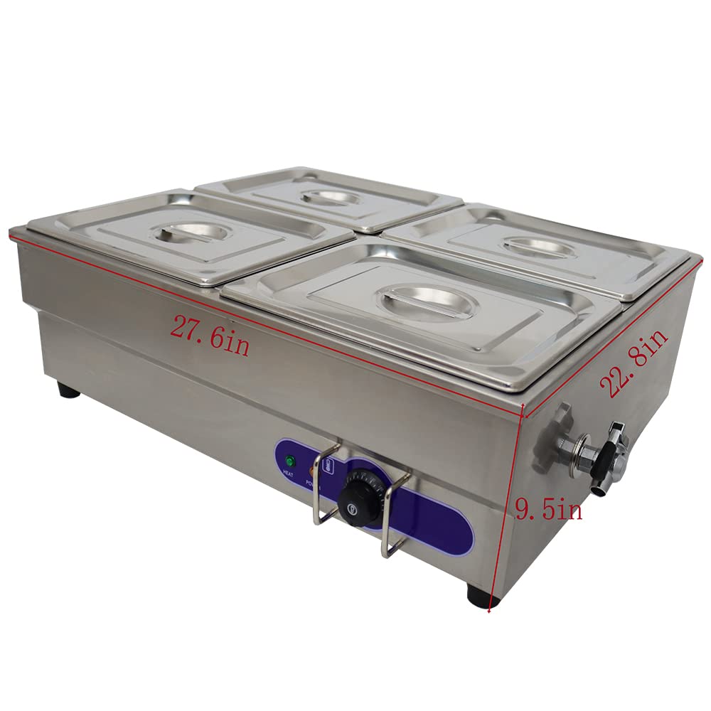 INTSUPERMAI 4 Pots Electric Commercial Food Soup Warmer Canteen Buffet Steam Heater Stainless Steel 110V 1500W 1/2GN x4 pan 12''*8.7''*4'' 4 inch/10cm deep for Catering and Restaurants