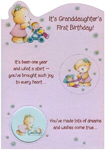 designer greetings bear and doll: stroller, necklace and bedtime die cut juvenile 1st / first birthday card for granddaughter