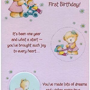 Designer Greetings Bear and Doll: Stroller, Necklace and Bedtime Die Cut Juvenile 1st / First Birthday Card for Granddaughter