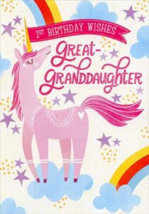 designer greetings pink unicorn, rainbows and blue clouds juvenile 1st / first birthday card for great-granddaughter