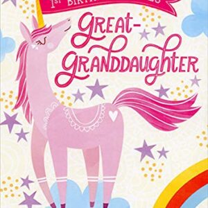 Designer Greetings Pink Unicorn, Rainbows and Blue Clouds Juvenile 1st / First Birthday Card for Great-Granddaughter