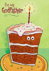 designer greetings slice of cake with smiley face and red candle juvenile birthday card for godfather