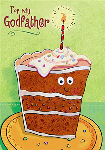 Designer Greetings Slice of Cake with Smiley Face and Red Candle Juvenile Birthday Card for Godfather