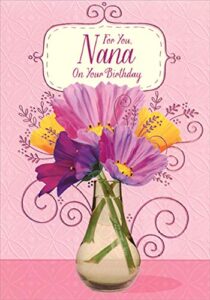 designer greetings purple and yellow flowers in glass vase and purple foil swirls birthday card for nana