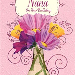 Designer Greetings Purple and Yellow Flowers in Glass Vase and Purple Foil Swirls Birthday Card for Nana