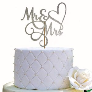 mr and mrs cake topper, bride and groom sign wedding, engagement cake toppers decorations, double-faced silver glitter