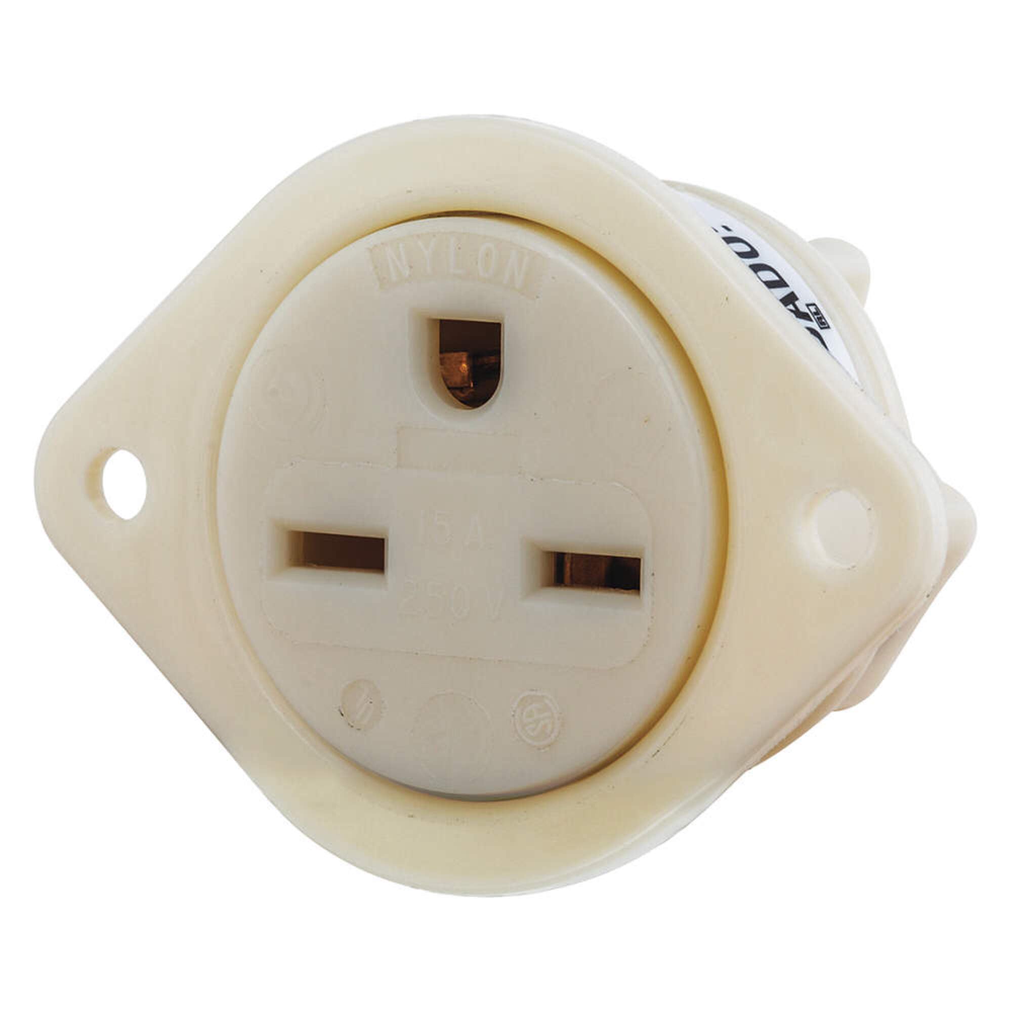 Flanged Receptacle,Wht,15A,Nylon,1.5 HP