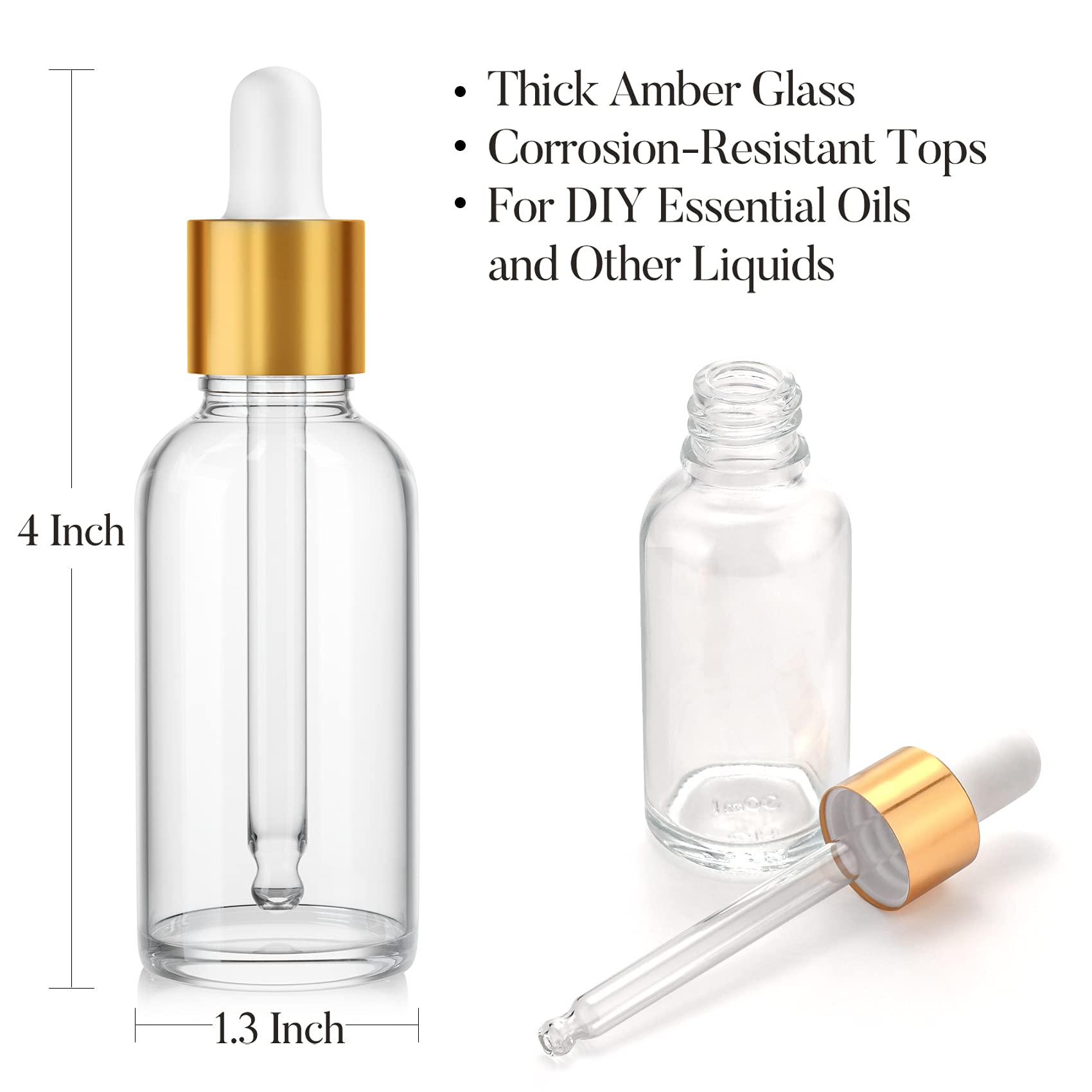 12 Pcs, 1 OZ Dropper Bottles (30ml) with 3 Funnels & 1 Long Dropper - Clear Glass Bottles for Essential Oils with Eye Droppers - Tincture Bottles, Leak-Proof Travel Bottles for Liquids, Golden Cap