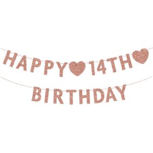 rose gold 14th birthday banner, glitter happy 14 years old boy or girl party decorations, supplies