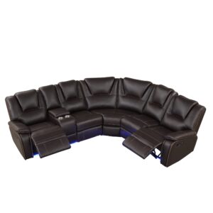 Manual Reclining Sectional Sofa Set with LED Strips, PU Recliner Couch with 2 Cup Holders and Storage for Living Room