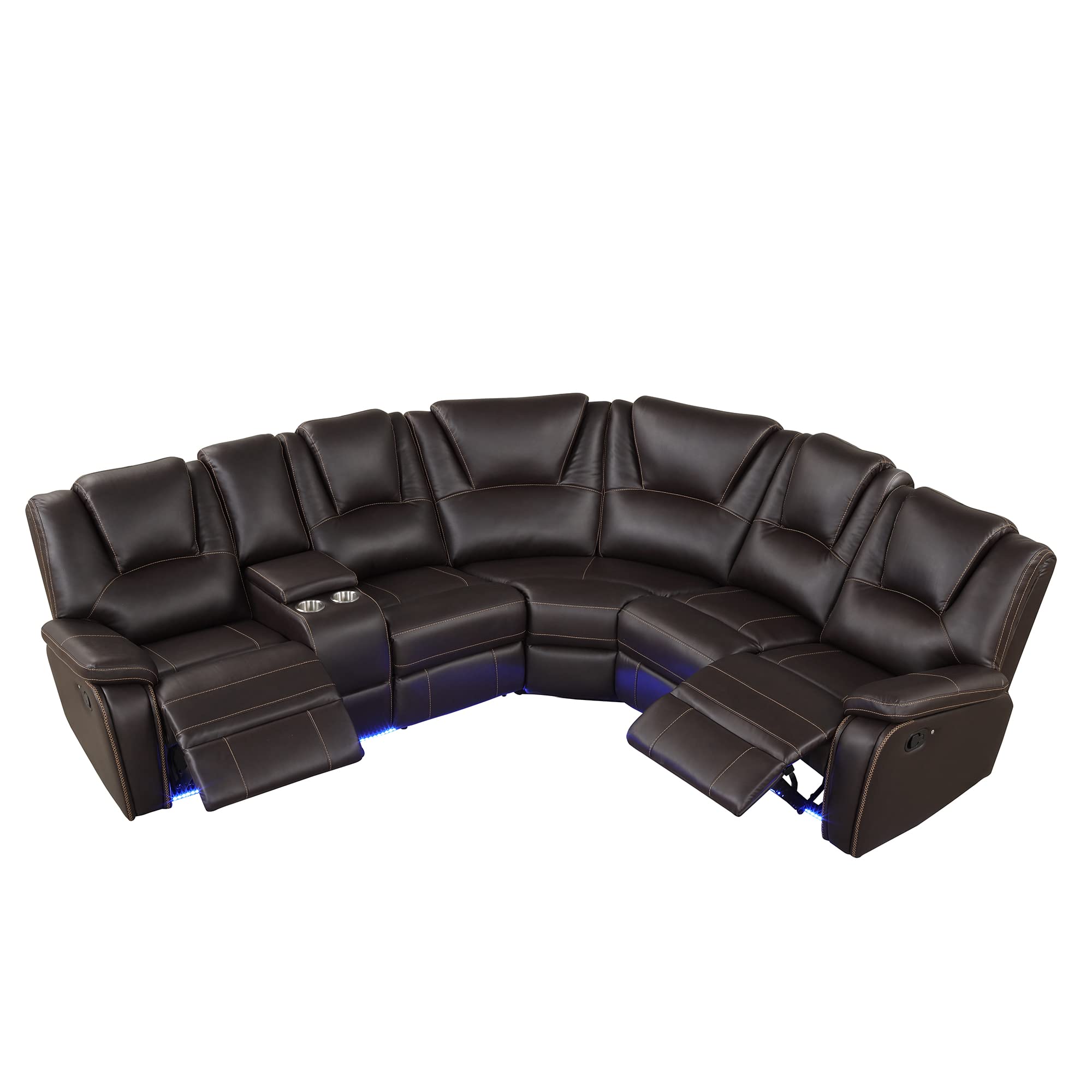 Manual Reclining Sectional Sofa Set with LED Strips, PU Recliner Couch with 2 Cup Holders and Storage for Living Room