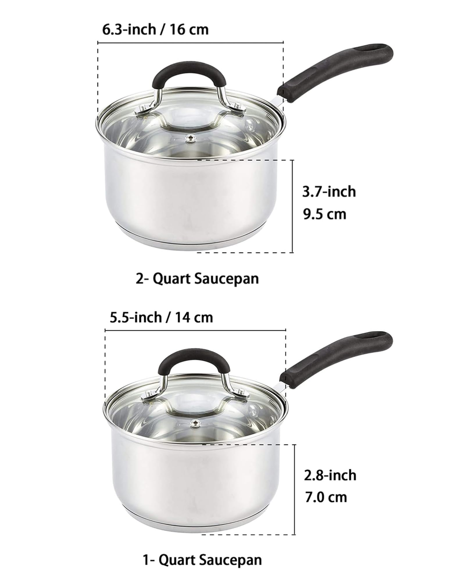 Cook N Home Professional Stainless Steel Saucepan with Lid, 1 and 2 Quarts, Silver