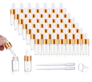 50 pack,3ml clear glass dropper vial for essential oils,empty mini glass eye dropper bottle with golden aluminum lid,pure glass pipette travel sample test liquid container-pipette&funnel included