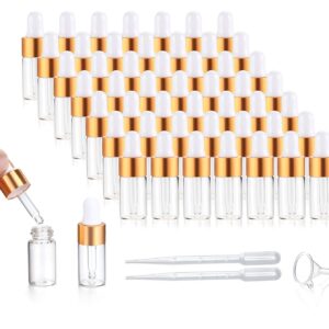 50 Pack,3ml Clear Glass Dropper Vial for Essential Oils,Empty Mini Glass Eye Dropper Bottle With Golden Aluminum Lid,Pure Glass Pipette Travel Sample Test Liquid Container-Pipette&Funnel Included