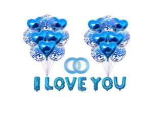 30pcs i love you valentines day balloons with ribbon heart foil balloons confetti balloons for valentines day wedding bridal shower engagement party decorations - blue