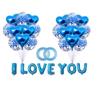 30pcs I LOVE YOU Valentines Day Balloons with Ribbon Heart Foil Balloons Confetti Balloons for Valentines Day Wedding Bridal Shower Engagement Party Decorations - Blue