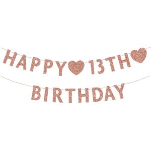 rose gold 13th birthday banner, glitter happy 13 years old boy or girl party decorations, supplies