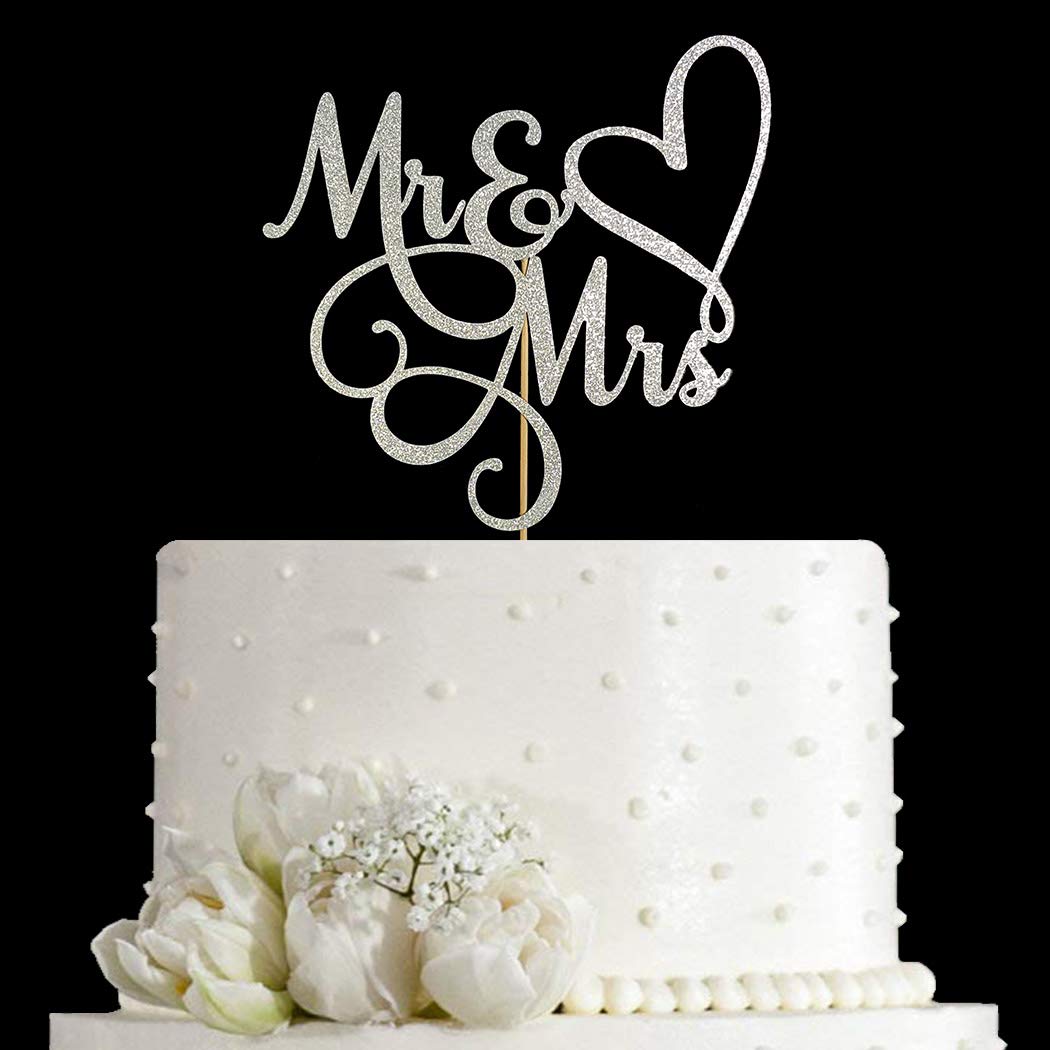 Mr and Mrs Cake Topper, Bride and Groom Sign Wedding, Engagement Cake Toppers Decorations, Double-faced Silver Glitter