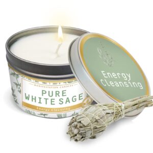 manifestation candle long lasting pure white sage scented candle | 6 oz - 35 hour burn | all natural soy wax smudge candle for house energy cleansing, positive vibes & manifestation