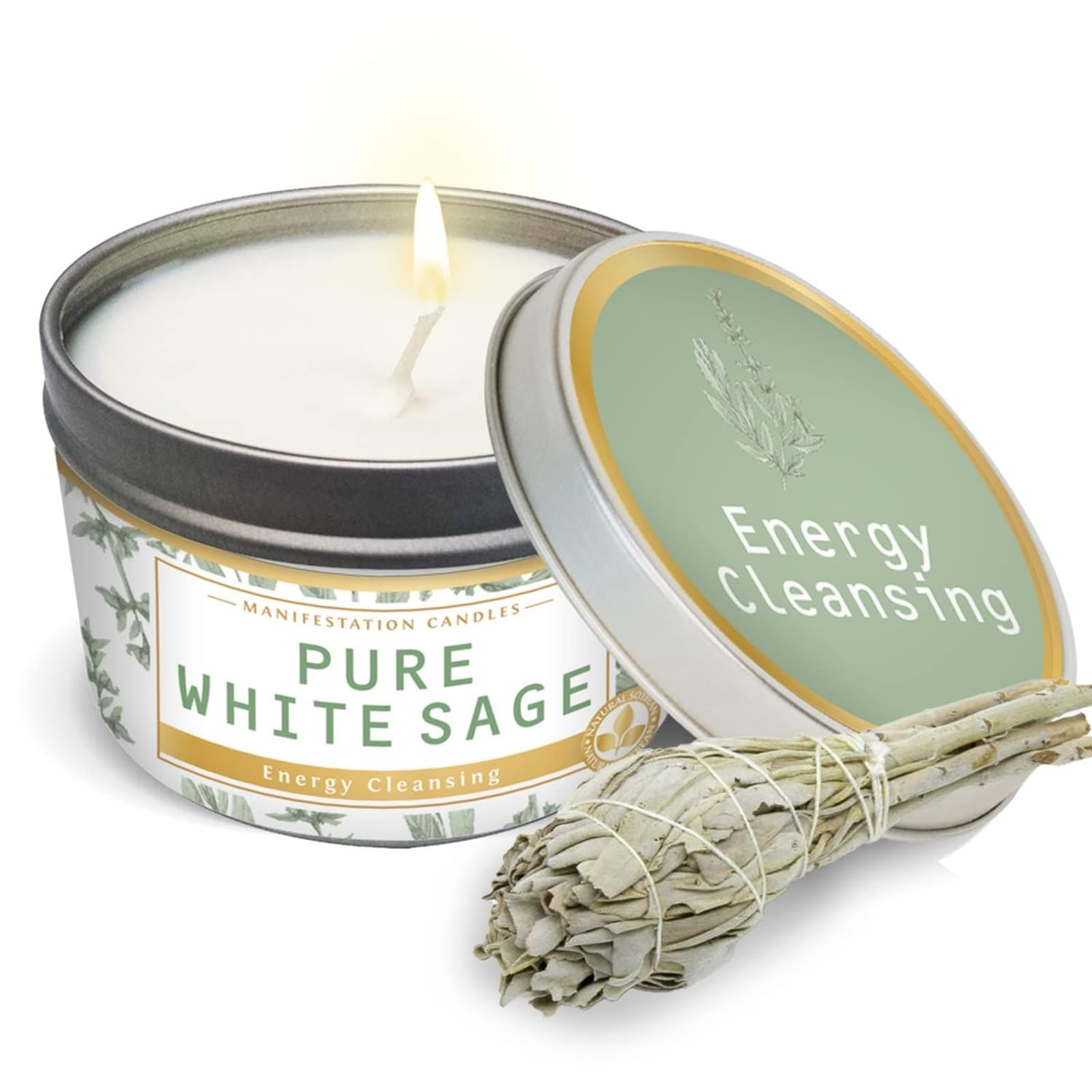 Manifestation Candle Long Lasting Pure White Sage Scented Candle | 6 Oz - 35 Hour Burn | All Natural Soy Wax Smudge Candle for House Energy Cleansing, Positive Vibes & Manifestation