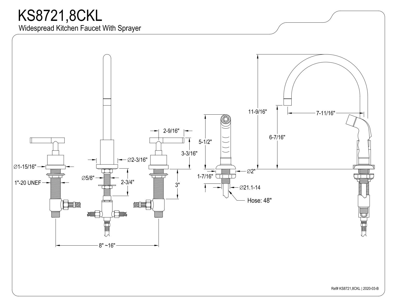 Kingston Brass KS8728CKL Kaiser Widespread Kitchen Faucet with Plastic Sprayer, Brushed Nickel