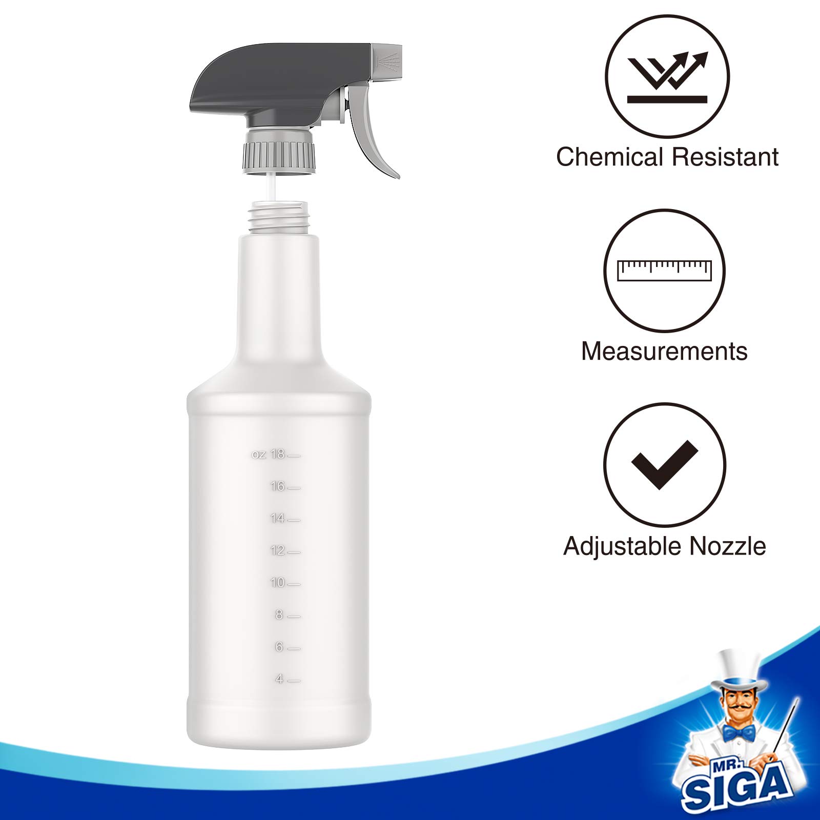 MR.SIGA 24 oz Empty Plastic Spray Bottles for Cleaning Solutions, Heavy Duty Household Reusable Spray Bottles with Measurements and Adjustable Leak Proof Nozzle, 3 Pack