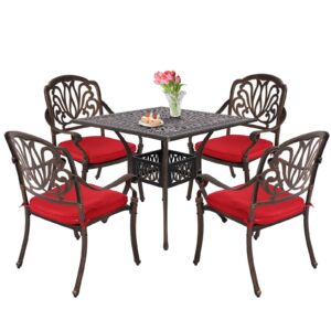 grepatio 5 piece cast aluminum patio dining set outdoor furniture set patio garden set with 4 ding chairs, 4 cushions and 35.4" square patio table 2.4" umbrella hole, antique bronze (red)