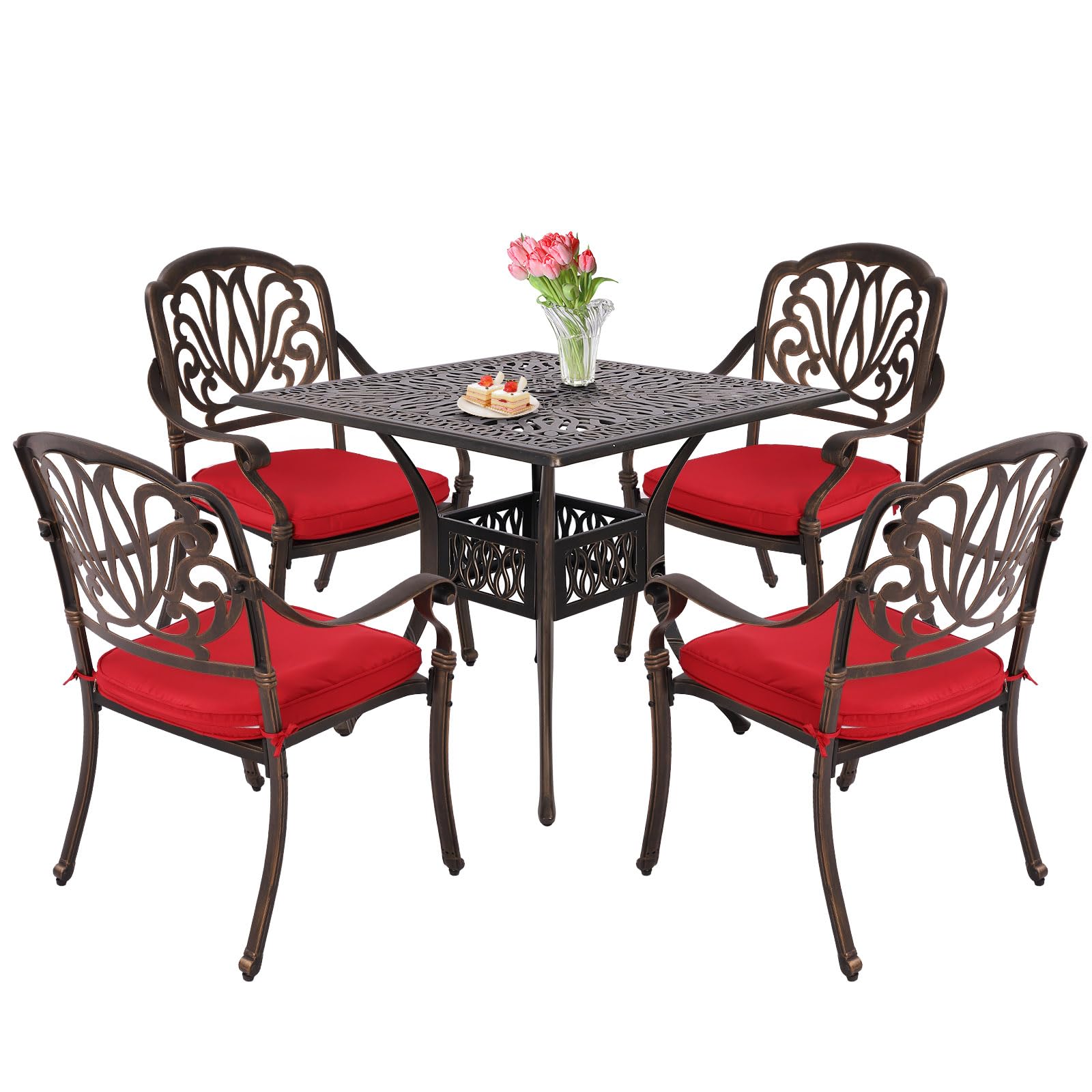 Grepatio 5 Piece Cast Aluminum Patio Dining Set Outdoor Furniture Set Patio Garden Set with 4 Ding Chairs, 4 Cushions and 35.4" Square Patio Table 2.4" Umbrella Hole, Antique Bronze (Red)