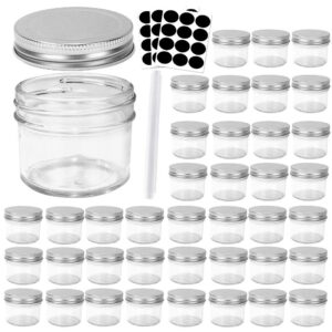 betrome 4 oz clear glass jars with silver metal lids, 40 pack 100ml mason jars round canning jars jelly jars small spice jars for herb,jelly,jams, for kitchen storage, 1 pen & labels included